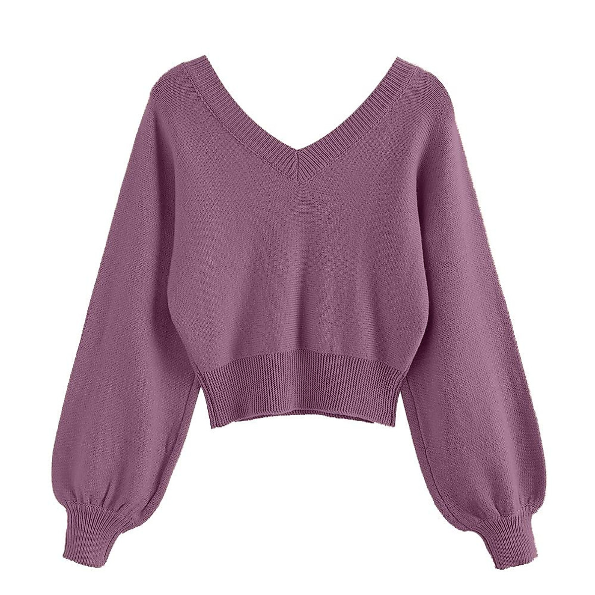 ZAFUL Women's Cropped Sweater V-Neck Long Sleeve Crop Sweater Pullover Jumper Knit Top (1-Red Violet, S)