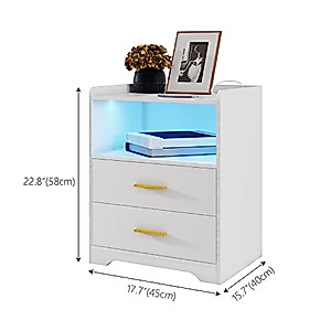 dnbss White Nightstand with Charging Station and Led Nightstand,Nightstands with 2 Drawers,Smart Bedside Table,Bed Side Table/Night Stand for Bedroom,Smart Night Stand Bedside Table Auto-Light ON