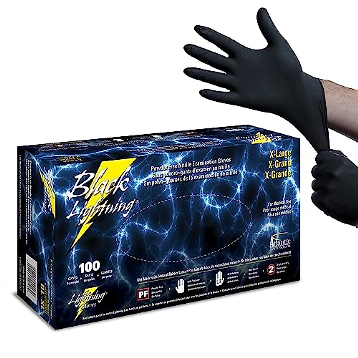 Atlantic Safety Products Black Lightning Exam Gloves, Disposable, Powder-Free Nitrile Gloves, Black, Extra Large, 100-Ct