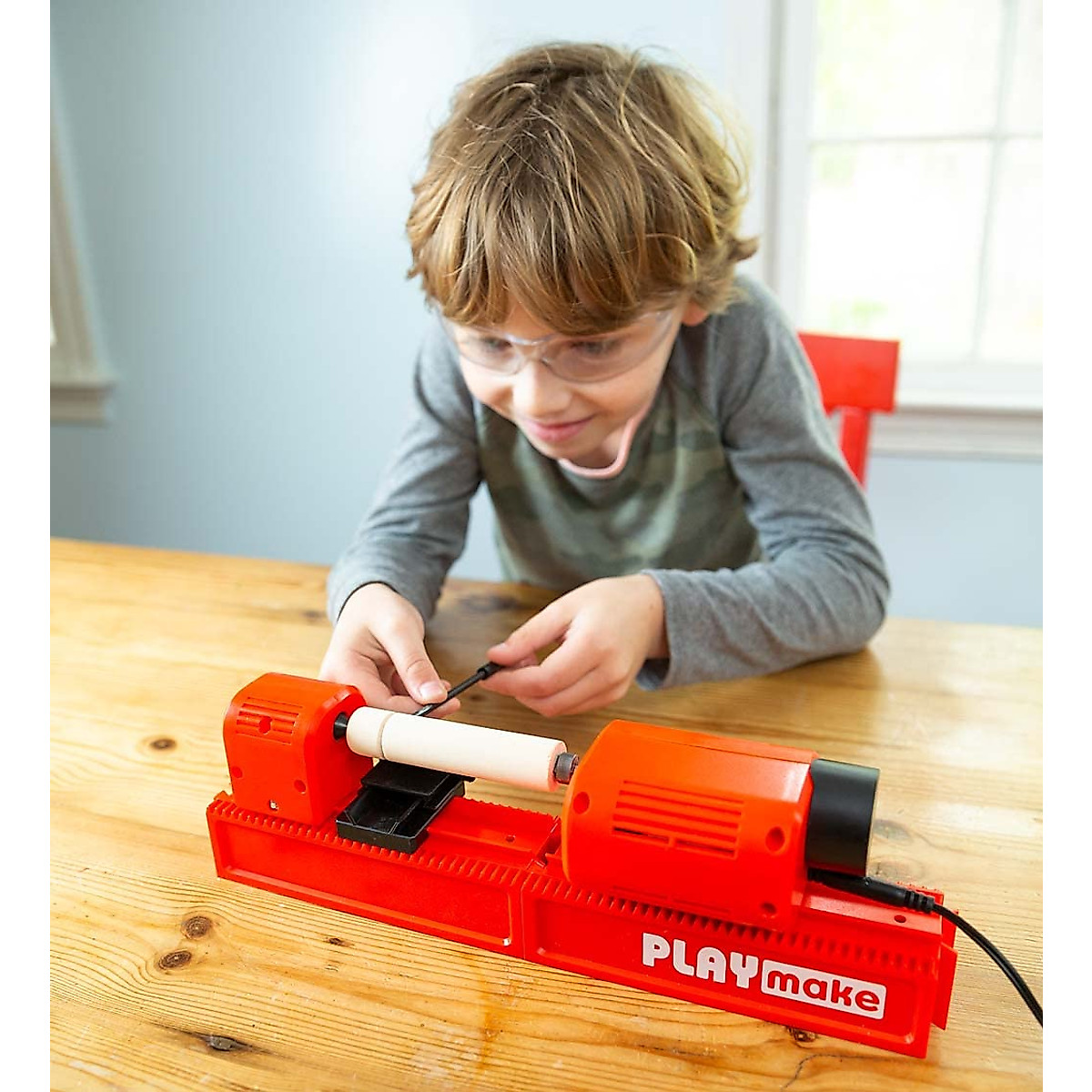PLAYmake Kids’ 4-in-1 Woodshop Carpentry Cool Tool with Jigsaw, Lathe, Drill Press, Sander, Power Supply, Safety Goggles, Extra Supplies, and Deluxe Project Book