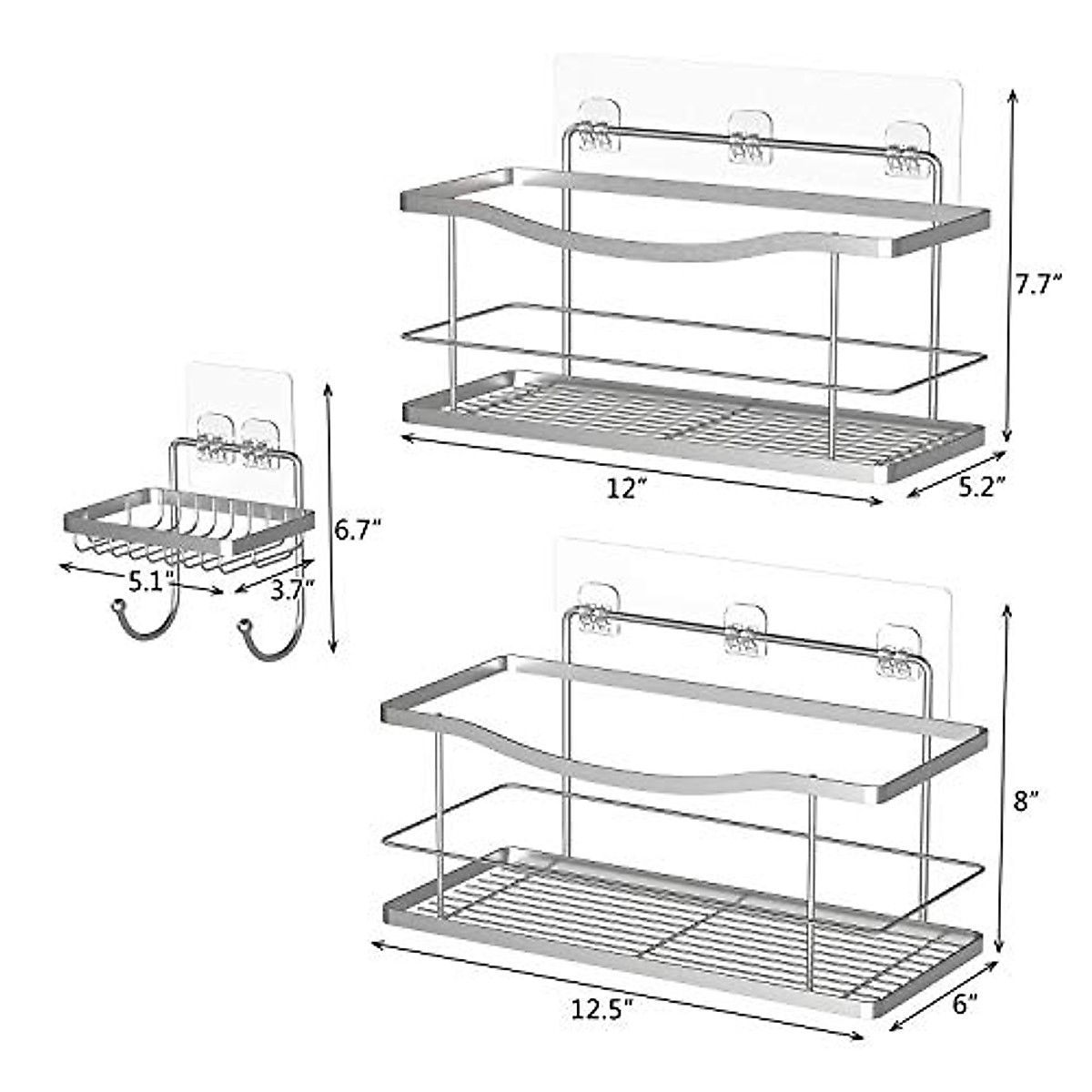 GeekDigg Shower Caddy, Shower Organizer with Soap Holder 3 Pack, Wall Mounted Stainless Steel Rustproof Drill-Free Self Adhesive Shower Shelves with Hooks for Bathroom & Kitchen (Silver)