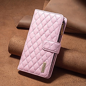 SUPWALL Wallet Case Compatible for iPhone 13 Pro | Flip Leather Case with Removable Wristlet Strap and 9 Card Holder | Magnetic Closure Case with Zipper for Men Women | Pink