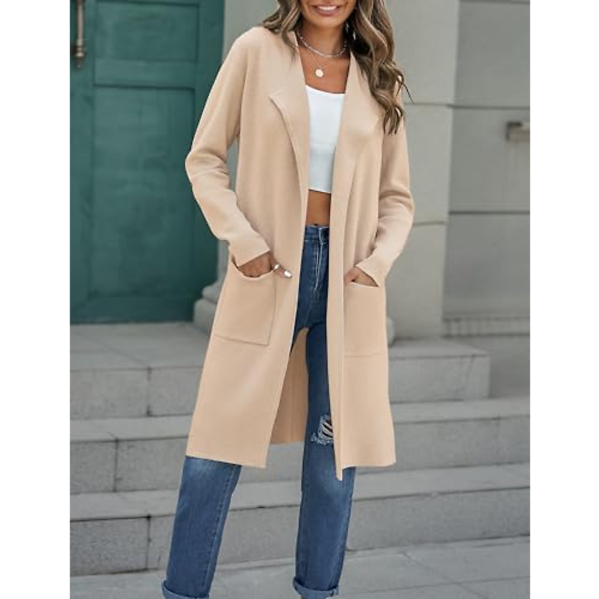 MEROKEETY Women's Open Front Coatigan Sweater Long Sleeve Casual Knit Lapel Cardigan Coat with Pockets, Apricot, Small