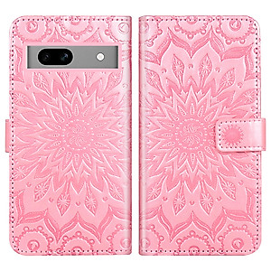 Asuwish Phone Case for Google Pixel 7A 5G 2023 Wallet Cases with Tempered Glass Screen Protector and Sunflower Leather Slim Flip Cover Card Holder Stand Cell Accessories Pixel7A A7 Women Rose Gold