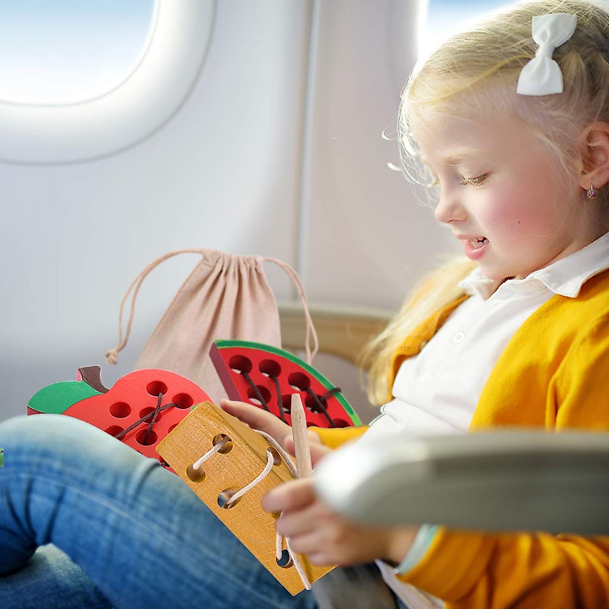 Lacing Toy for Toddlers, Fine Motor Skill Toys for 3 Year Old, Educational Learning Montessori Activity for Baby Kids, Car Plane Travel Games, Wooden Threading Toys 1 Apple,1 Watermelon, 1 Cheese.