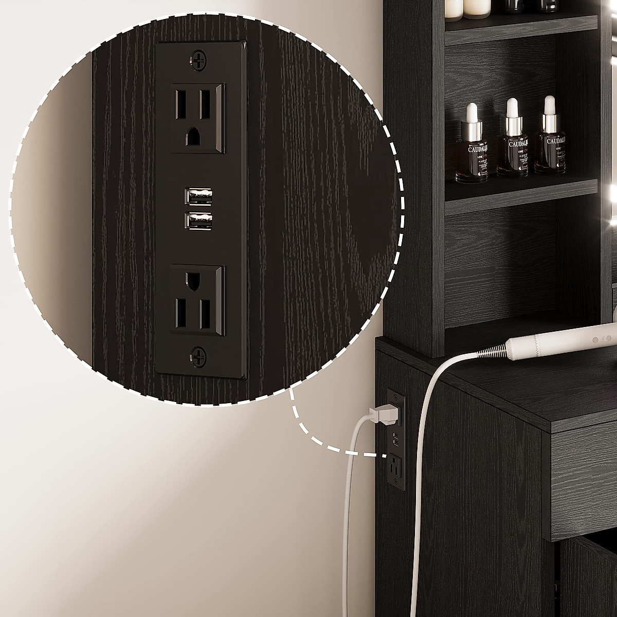 IRONCK Vanity Desk with LED Lighted Mirror & Power Outlet, Makeup Table with Drawers & Cabinet,Storage Stool,for Bedroom, Black