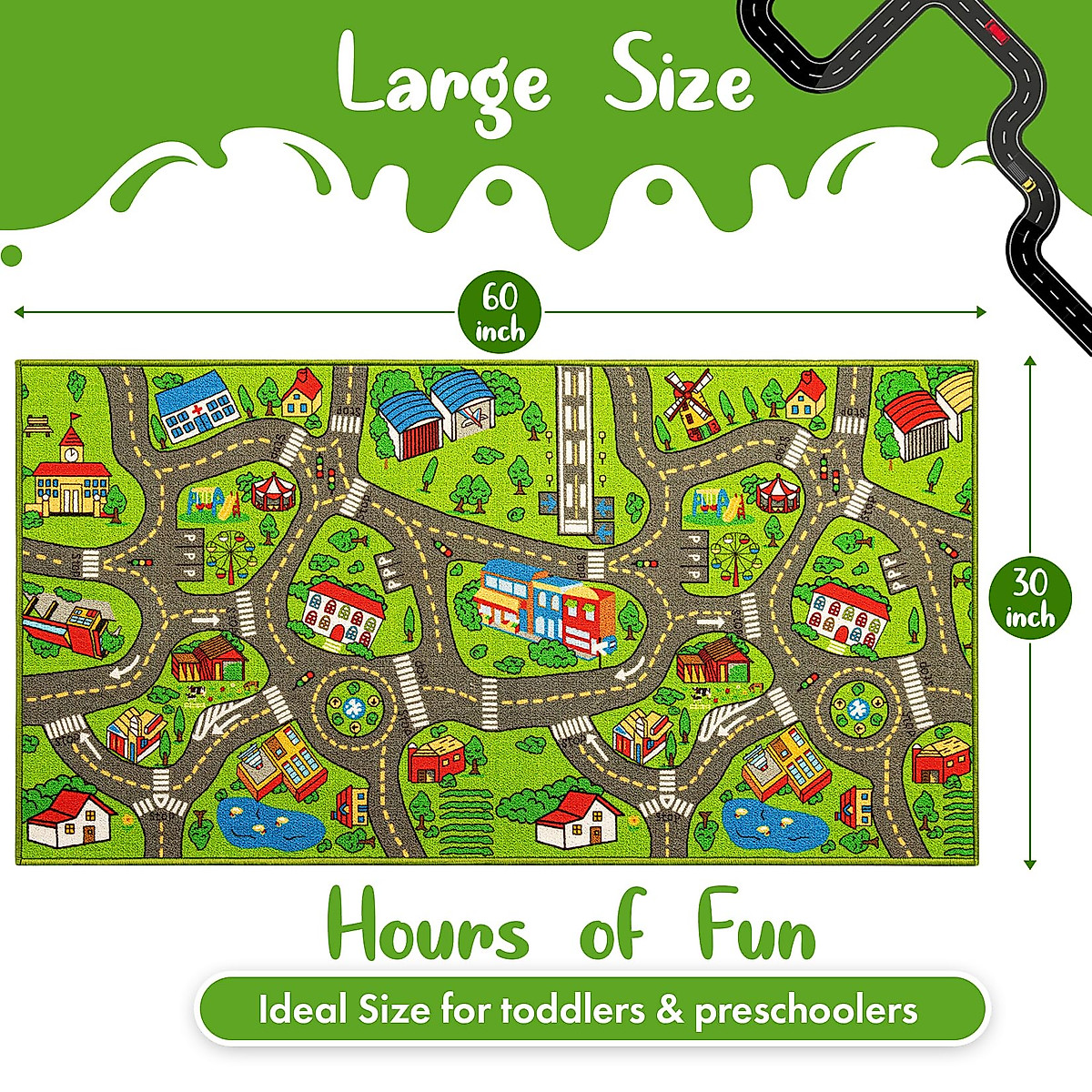 Kids Carpet Playmat City Life 3D Playroom Rug | 30 x 60 Inch Extra Large Toddler Activity Mat for Race Cars & Toys | Playroom Rug Makes a Fun Educational Gift Idea for Boys & Girls (Green)