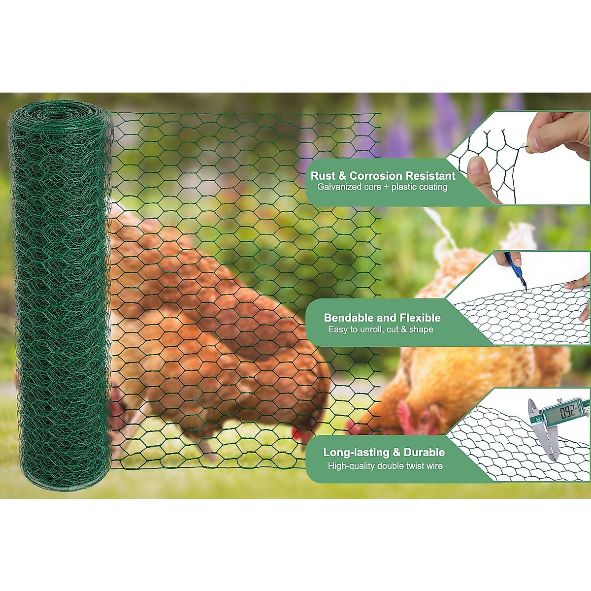 Mklsit Chicken Wire for Floral Arrangements, 15.7 x 157 Inches Green Floral Chicken Wire Mesh, 0.6 Inch Hexagonal Galvanized PVC Coated Chicken Wire Netting Fence for Crafts Poultry Garden