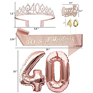 40th Birthday Gifts Decorations for Women - 40 Birthday Cake Topper, Balloons, Queen Sash, Crown and Candle Set, Rose Gold