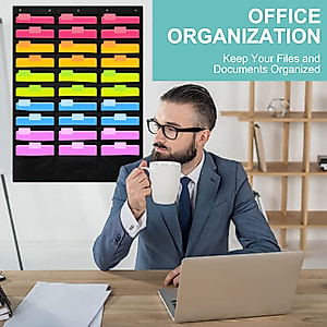 Geyee 4 Pack Wall Hanging File Folders Organizer, Heavy Duty Storage Pocket Chart, Over Door Hangers Included, Hanging Wall Paper Organizer Holder for School Classroom Office Home(30 Pocket)