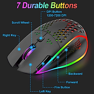 VEGCOO Wireless Gaming Mouse, C30 Silent Click Wireless Rechargeable Gaming Mouse with Double-Click Key and Colorful LED Lights, 3 Level Adjustable DPI, 400mah Lithium Battery for Gaming and Working