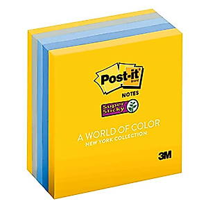 Post-it Super Sticky Notes, 3x3 in, 5 Pads, 2x the Sticking Power, New York Collection (Blue, Gray, Yellow) Recyclable (654-5SSNY)