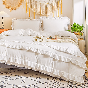 ABREEZE Ruffle Duvet Cover Queen Soft Washed Microfiber Vintage French Country Duvet Cover Set White 3 Pieces Farmhouse Microfiber Bedding Comforter Cover Set, Soft and Lightweight