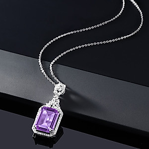 Gem Stone King 925 Sterling Silver Purple Amethyst Pendant Necklace For Women (6.85 Cttw, Gemstone Birthstone, Emerald Cut 14X10MM, with 18 Inch Silver Chain)