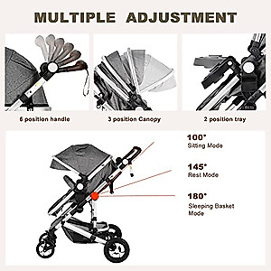 Kinder King 3 in 1 Reversible Baby Stroller w/Detachable Tray, Convert to Newborn Bassinet Pram, Folding Infant Carriage for Toddler, Adjustable Canopy & Handle, Aluminum Alloy, Suspension Wheels