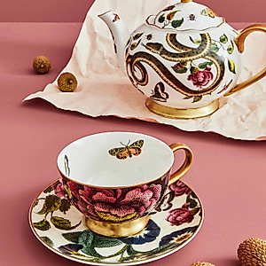Spode Creatures of Curiosity Collection Coupe Teacup and Saucer Set, Black Floral Mug and White Floral Saucer, Gold Rim, 6.7 oz, Made of Fine China, Specialty Coffee Drinks, Lattes, and Tea