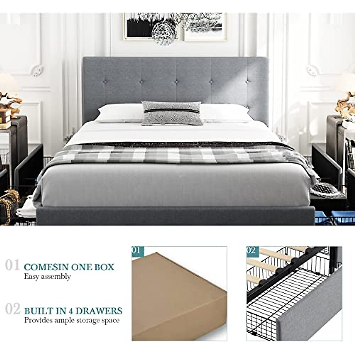 HOOMIC King Size Platform Bed Frame with 4 Storage Drawers, Adjustable Headboard with Square Stitched Button Tufted Design, Wooden Slats, No Box Spring Needed, Noise Free, Easy Assembly, Light Grey