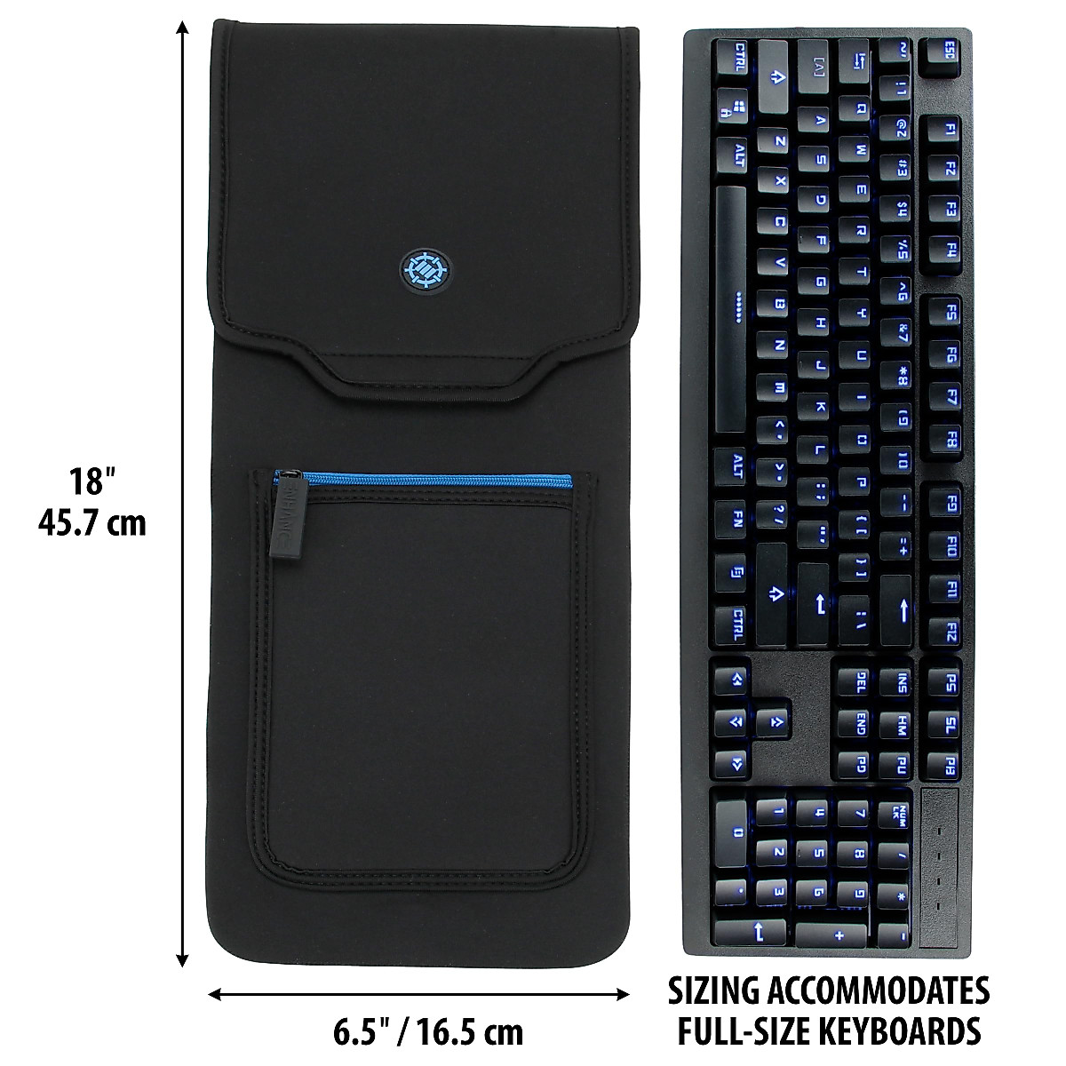 ENHANCE Keyboard Sleeve Travel Case for Full-Size Mechanical and Standard Gaming eSports Keyboards (up to 18 Inches) - Rugged Neoprene Construction, Zipper Mouse Storage and Cable Storage Pouch