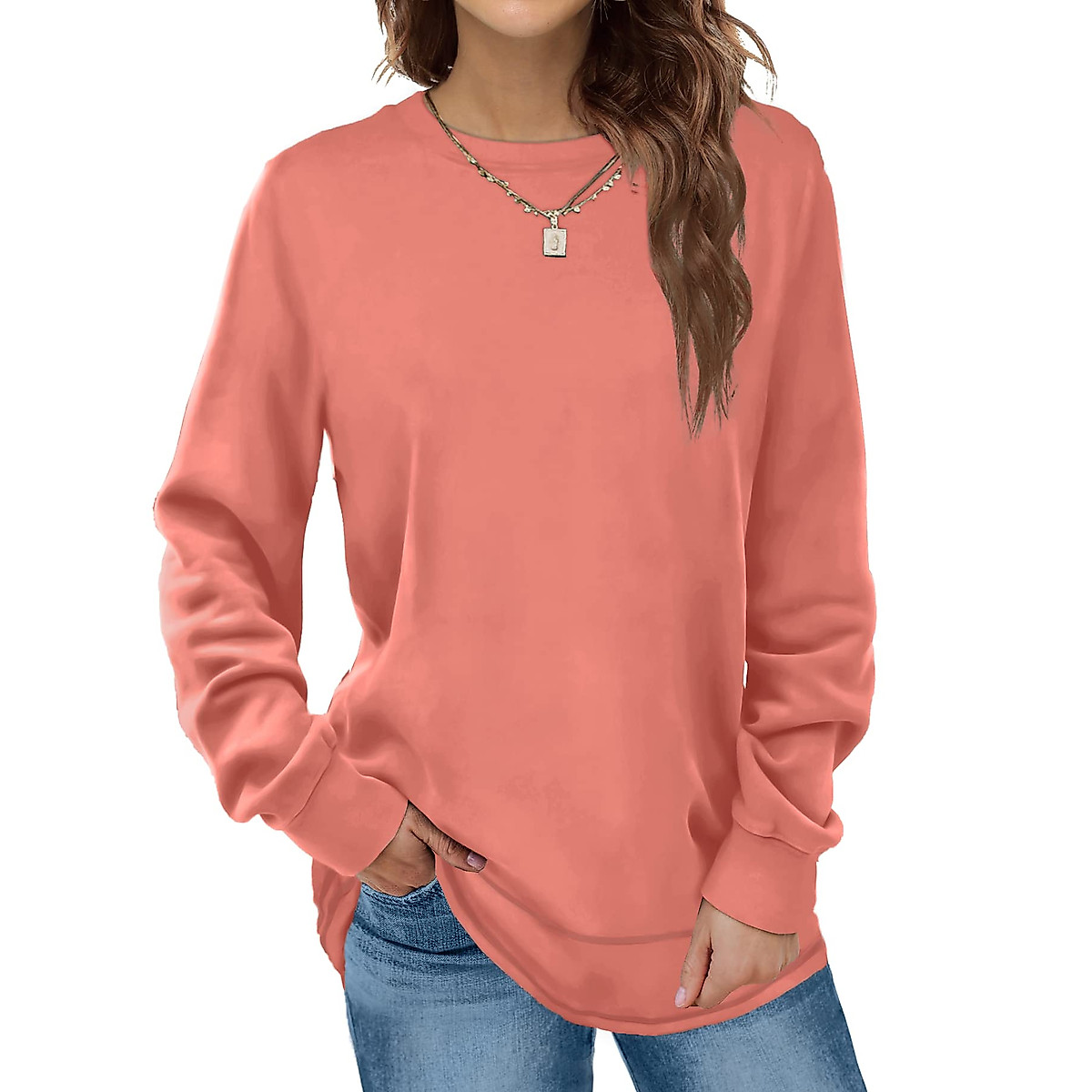 Dofaoo Oversized Sweatshirt for Women Crewneck Lightweight Cute Long Sleeve Tunic Tops Coral XL