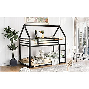 Tidyard Twin Over Twin House Bunk Bed with Built-in Ladder,Black for Bedroom Dorm Guest Room Home Furniture