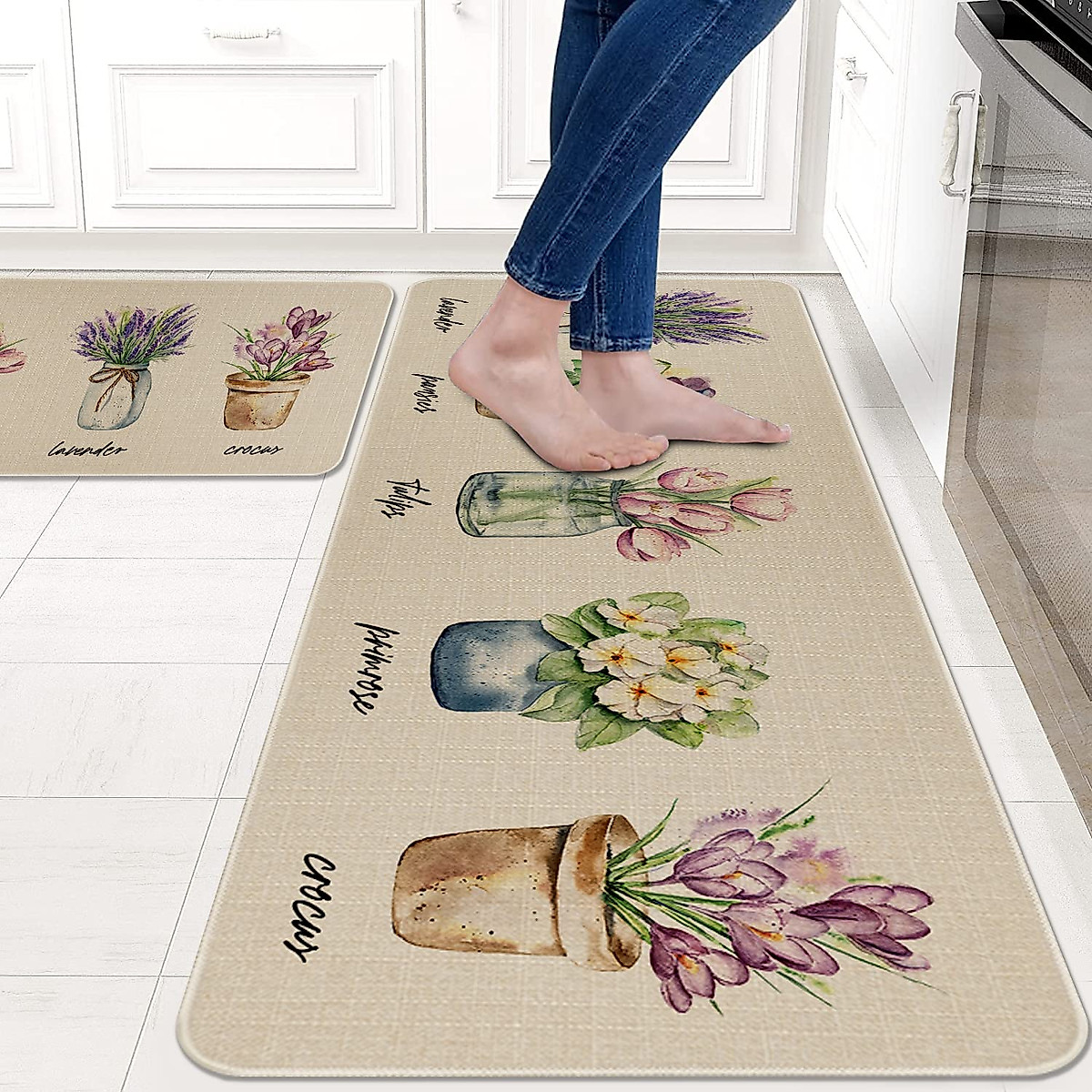 Eikunn Floral Kitchen Rugs and Mats Set of 2, Lavender Tulip Flower Kitchen Rug for Floor, Non-Slip Washable Comfort Standing Kitchen Sink Runner Rug Holiday Kitchen Accessories