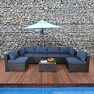 Valita 7 Piece Outdoor PE Wicker Furniture Set, Patio Black Rattan Sectional Sofa Couch with Washable Navy Blue Cushions…