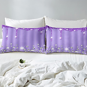 Silver Glitter Print (No Glitter) Bedding Set Bling Party Decorations Purple Comforter Cover for Girls Diamond Jewelry Duvet Cover Bedspread Cover Quilt Cover Full