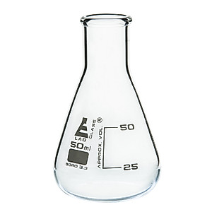 EISCO 12PK Erlenmeyer Flasks, 50mL - Borosilicate Glass - Narrow Neck Flasks, Conical Flasks, Glass Flasks
