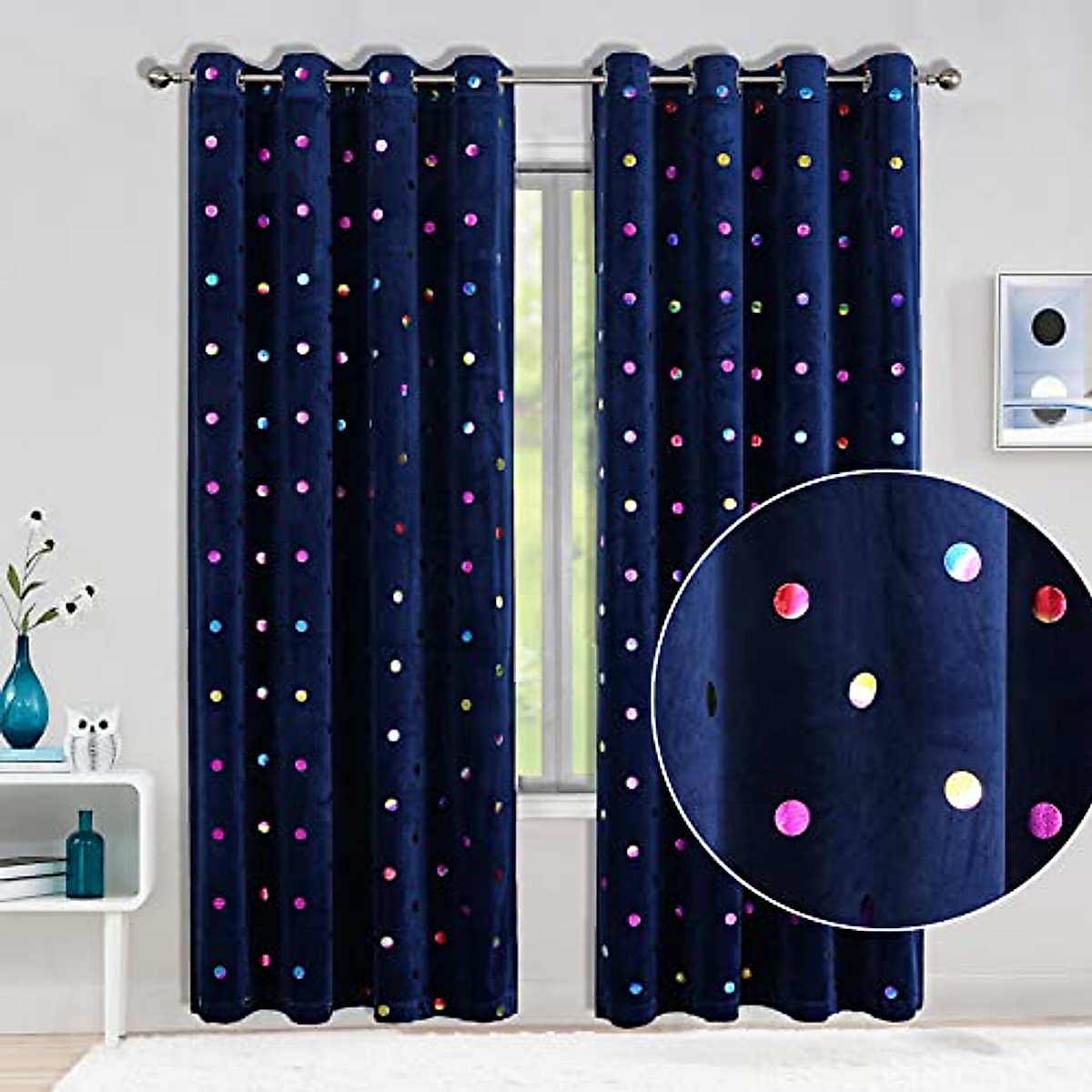 Navy Velvet Blackout Curtains Drapes Metallic Polka Dots Grommet Blackout Curtains for Winter 63" inches Long Room Darkening Thermal Insulated Treatments Sets for Kids Nursery Bedroom,52"Wide 2pcs