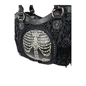 Lost Queen Black Goth Steampunk Flocked Ribcage Skeleton Cameo Handbag Shoulder Bag, Large