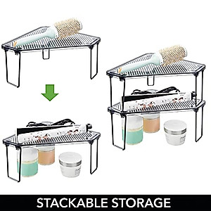mDesign Plastic/Steel Corner Stackable Rack, Storage Organizer Shelf for Bathroom, Vanity, Countertop, Sink, Cabinet, Holds Makeup, Shower Accessories, Ligne Collection - 2 Pack - Black/Smoke Gray