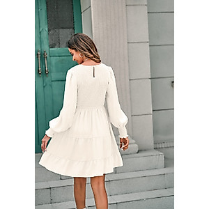 MEROKEETY Women's Fall Long Sleeve Crew Neck Smocked High Waist A Line Swing Mini Dress, Beige, S