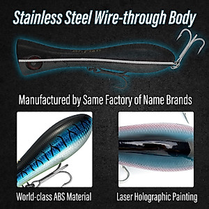 Dr.Fish 5 Pack Topwater Popper Saltwater Fishing Lures Kit, 8 Inches GT Popper VMC Treble Hooks Surf Fishing Lures for Striper Tuna Bluefish Mackerel Snapper Barracuda Pencil Plugs Offshore