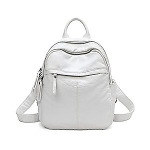 Women's Backpack Pu Soft Leather Backpack Student Schoolbag Solid Color Travel Bag Multi-layer Zipper Backpack (White)