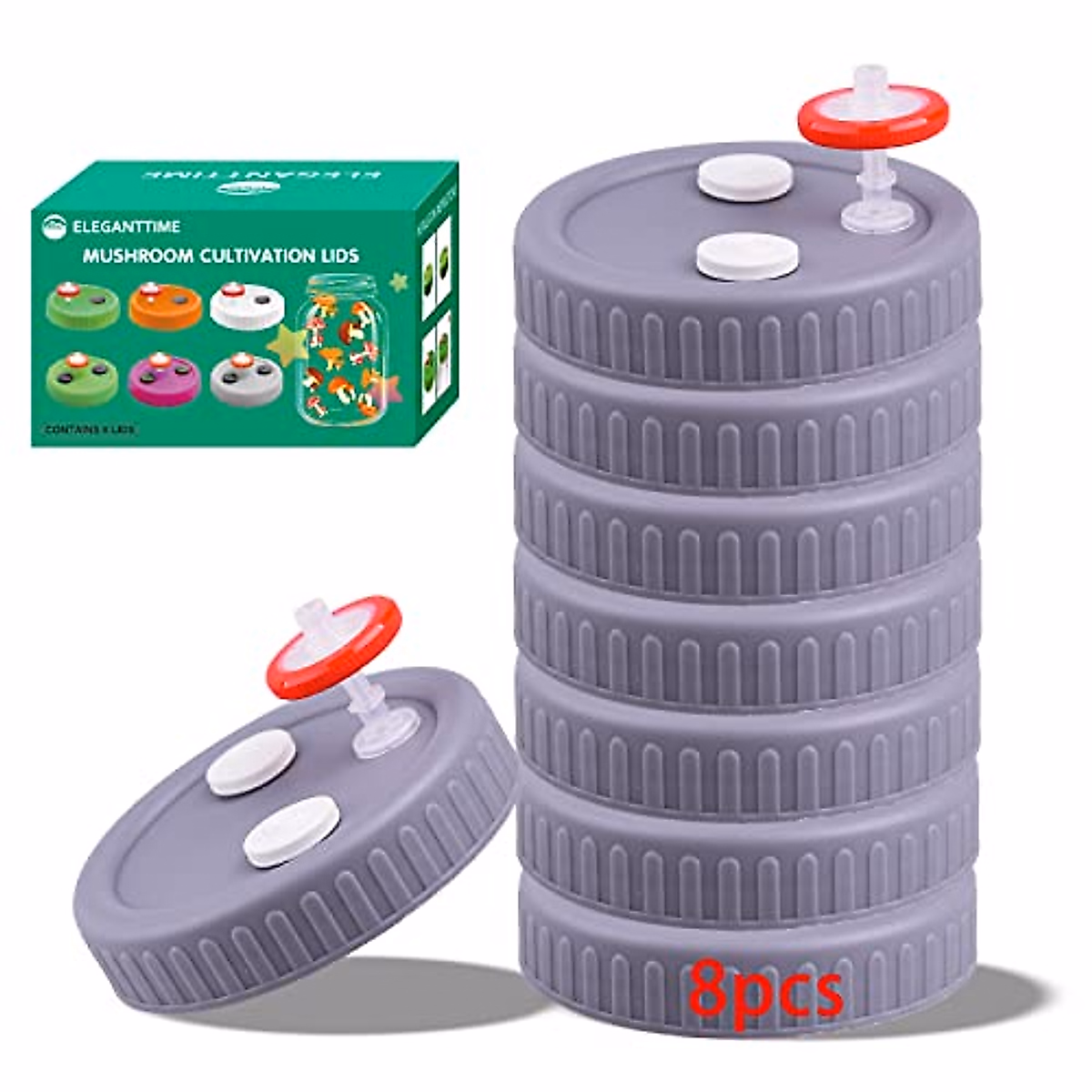 Eleganttime 8Pcs Wide Mouth Liquid Culture Lids,Cultivation Mason Jar Lid with 0.22um PTFE Syringe Filter & 20mm Self Healing Injection Ports For Mushroom(Grey)