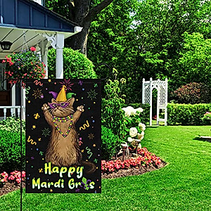 Mardi Gras Garden Flag 12x18 Double Sided Vertical, Burlap Small Masquerade Cat Garden Yard House Flags Fleur de Lis Beads Outside Outdoor New Orleans Carnival Decoration (ONLY FLAG)