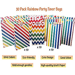 30 Pack Rainbow Party Favor Bags, Goodie Bags for Kids with Stickers, Vivid Stripes Chevron Paper Treat Bags, Food Safe, Biodegradable for Party Supplies, School Lunches, Baby Shower, Birthday Parties (3 Designs)