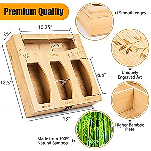 AKAT HOME Bamboo Ziplock Bag Storage Organizer & Baggie Dispenser for Kitchen Drawer – Wooden Zip Lock Container Holder Wall Gallon,Sandwich,Snack,Quart (Flip, Engraved, - M1)