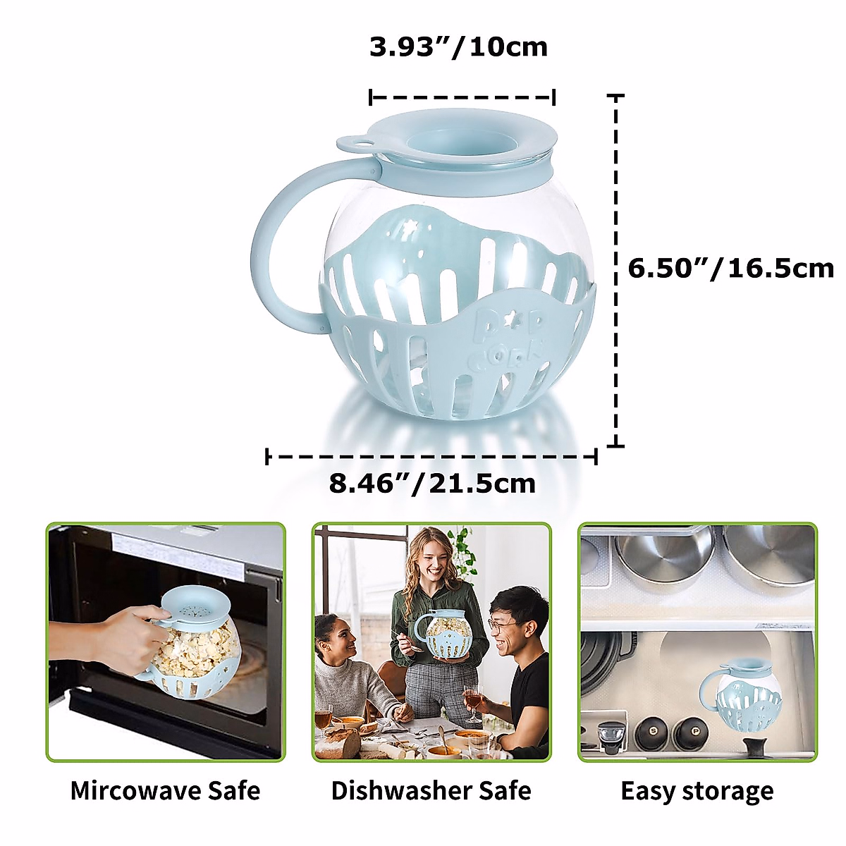 MMUGOOLER Glass Microwave Popcorn Popper, 2.25QT Original Popcorn Jar with Silicone Lid, BPA Free, Dishwasher Safe- blue