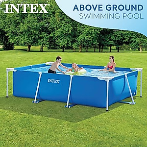 Intex 9.8' x 79" x 29.5" Rectangular Frame Above Ground Outdoor Backyard Swimming Pool with Flow Control Valve for Quick Draining, Blue