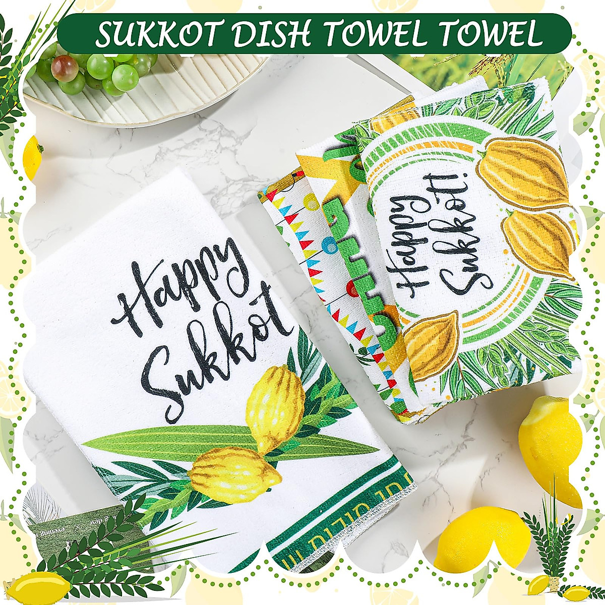 FuWeave 4 Pcs Happy Sukkot Kitchen Towels Etrog Dish Towels 15.7 x 23.6 Inch Hebrew Jewish Lulav Decoration Gifts Dish Cloth Hand Drying Towel Sukkah Party Tea Towel for Home Baking Holiday