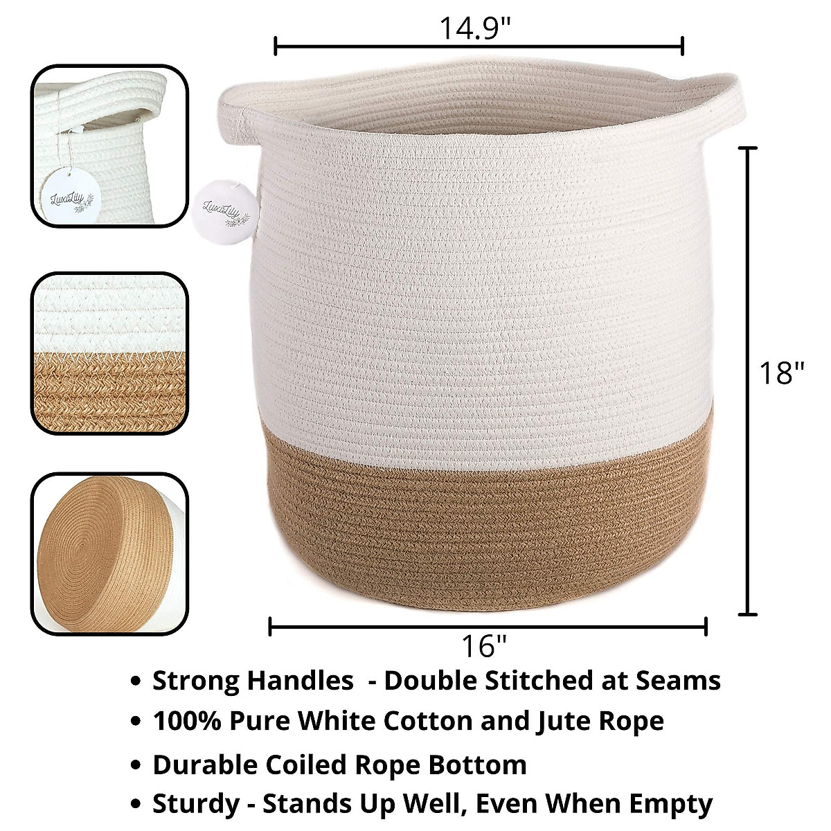 Large Blanket Basket for Living Room - Decorative Woven Baskets for Storage, Cotton Rope Baskets for Storage 16”x18”, Round Basket, Tall Laundry Hamper Basket, LuxiLily Baskets