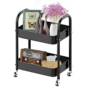 Melody House 2 Tier All-Metal Rolling Cart,Rolling Storage Cart with Handle and Locking Wheels Kitchen Cart,Laundry Office Bathroom Storage Organizer Cart with Wheels, Black