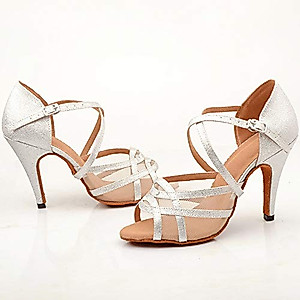 Latin Dance Shoes Women Flash Satin Gold Silver Beige high Heel Cuban Heels Salsa Performance Ballroom Dancing Shoes,White(Heel:7cm),37EU