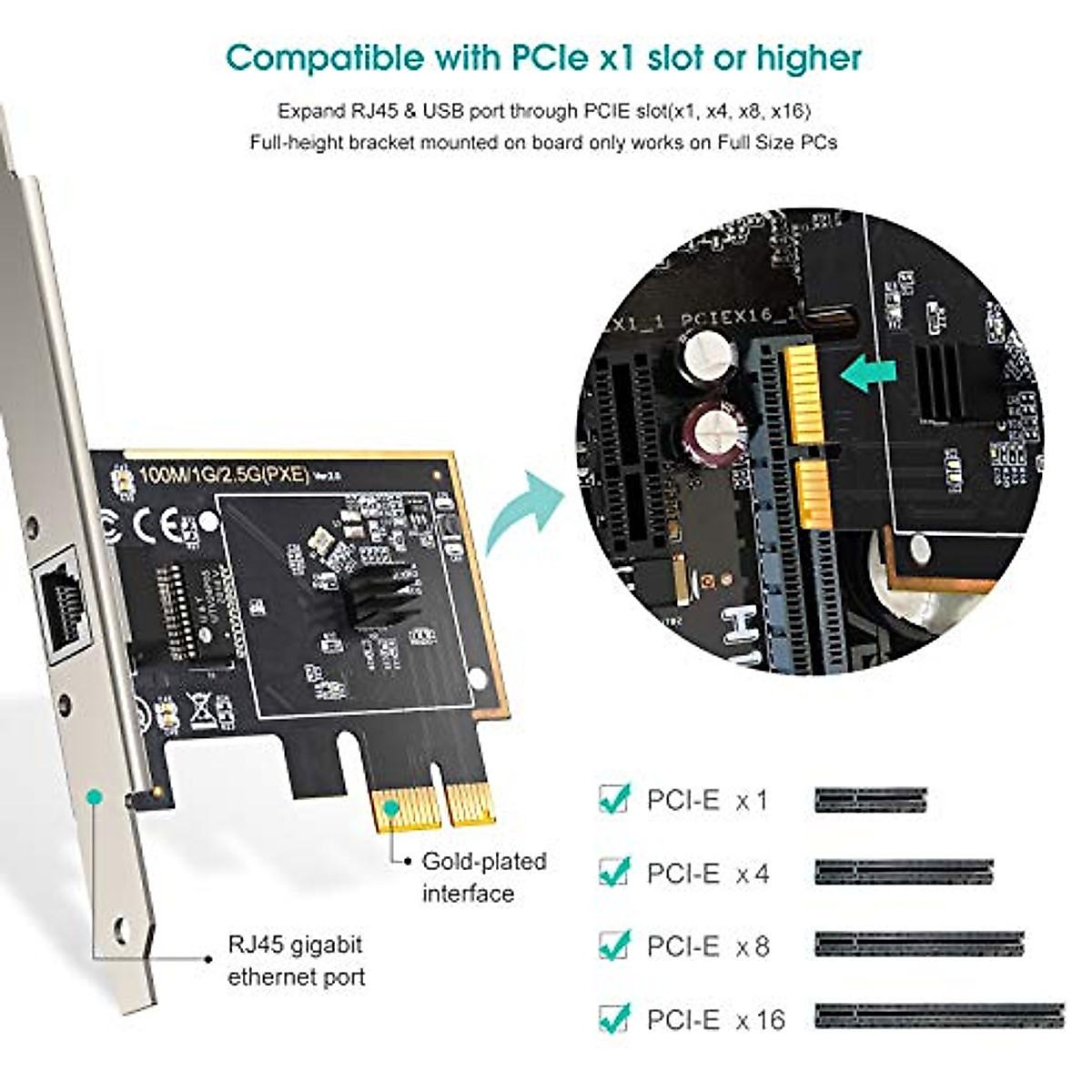 (Upgraded) 2.5GBase-T PCIe Network Adapter, 2500/1000/100Mbps PCI Express Gigabit Ethernet Card RJ45 LAN Controller Support Windows Server/Windows, Standard and Low-Profile Brackets Included