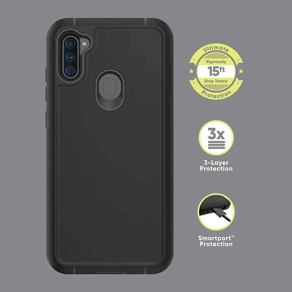 onn.Black-Rugged Phone Case | Built-in Microbial Protection | 3 Layers of Protection Samsung Galaxy A11
