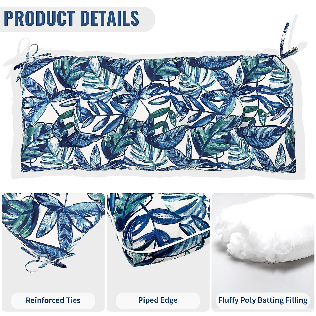 TWLEAR Tufted Bench Cushion for Outdoor Furniture, Patio Swing Cushion 44 x 19 x 5 Inch, Overstuffed Outdoor Chair Cushion for Garden Loveseat Lounge Storage, 1 Pack, Leaves Ink Blue