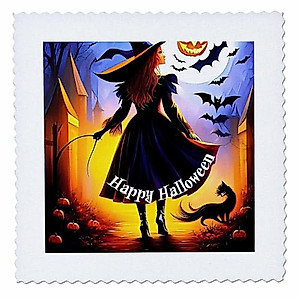 3dRose Witch Lady, Black cat, Bats, Pumpkins Fairy City. Happy... - Quilt Squares (qs-378863-2)