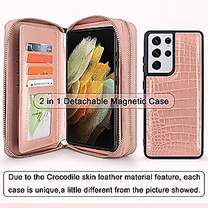 Harryshell Compatible with Samsung Galaxy S21 Ultra 5G (6.8") Case Wallet Multi Zipper Detachable Magnetic Cover Card Slots Holder Money Pocket Mirror Crossbody Strap (Crocodile Rose Gold)