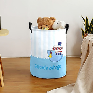 Custom Laundry Hamper, Cartoon Striped Blue Ship Boat Laundry Basket Round Clothes Storage Basket for Bedroom, 14.17x19.68 in